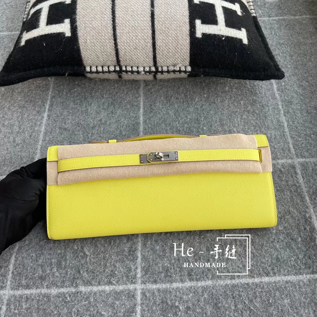 【He Handmade】New Hermes 9R Lime Kelly Cut 31CM Clutch Bag Epsom Leather ...